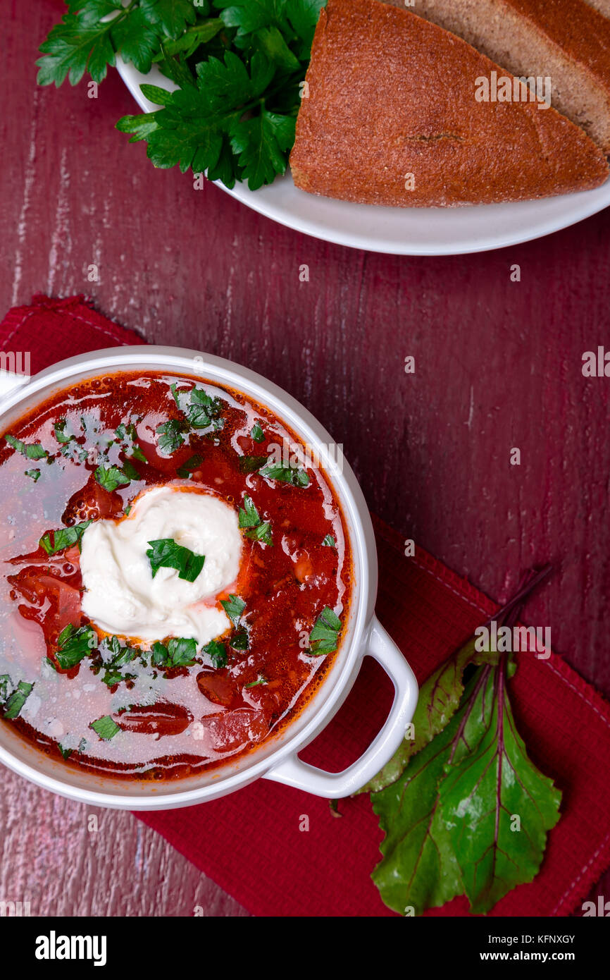 Ukrainian traditional borsch. Russian vegetarian red soup in white bowl ...