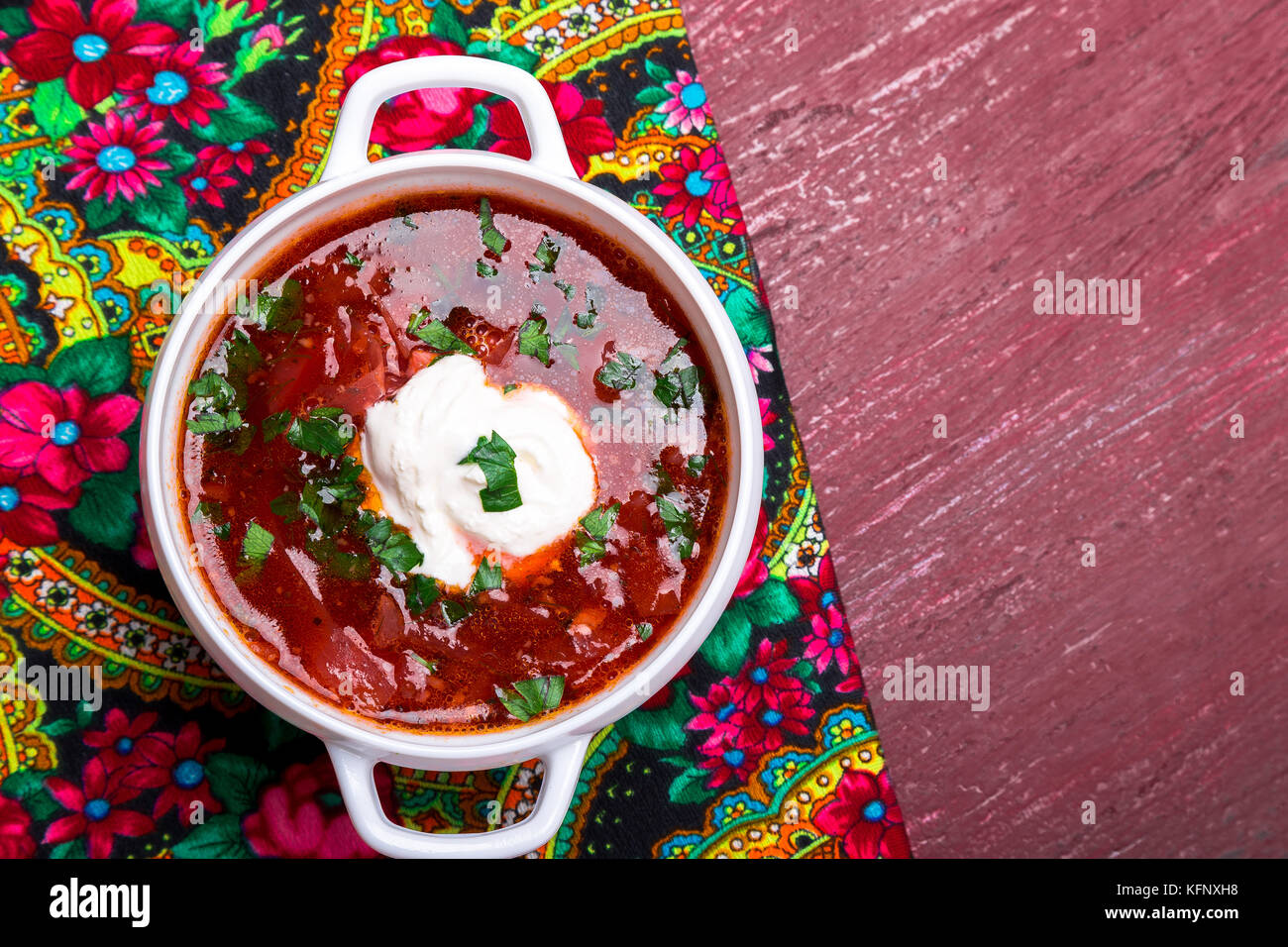 Ukrainian traditional borsch. Russian vegetarian red soup in white bowl ...