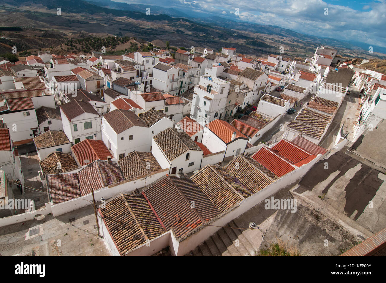A view of the village of Pisticci, Italy. Pisticci is a town in the ...