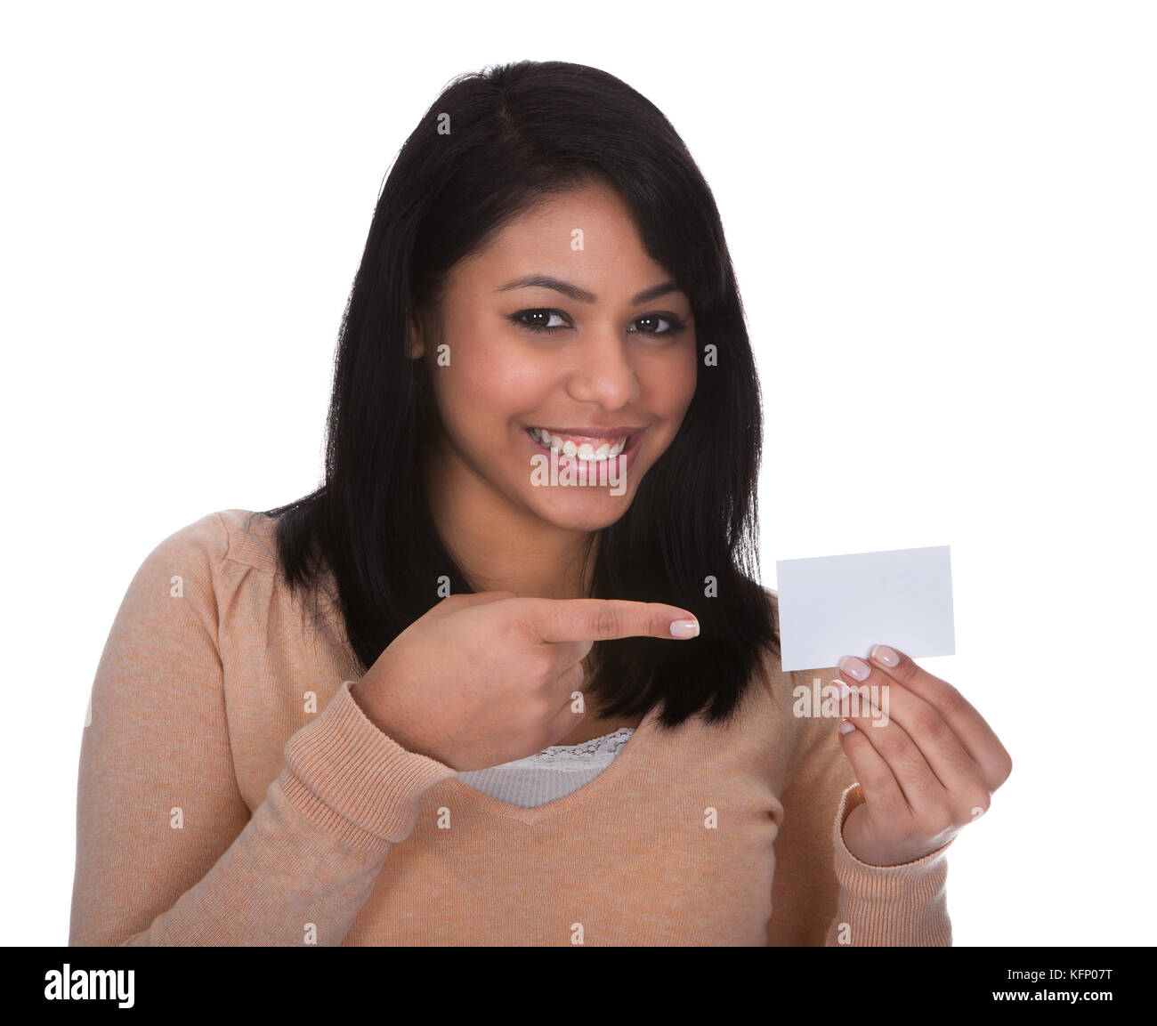 Young Woman Over White Background Pointing At Visiting Card Stock Photo ...