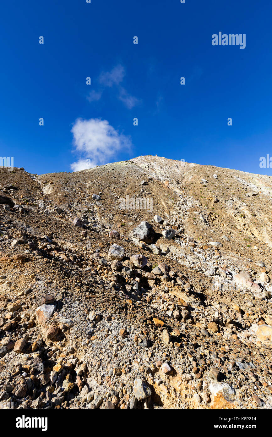 Portrait view of the volcanic landscape on Mount Egon with sulphur ...