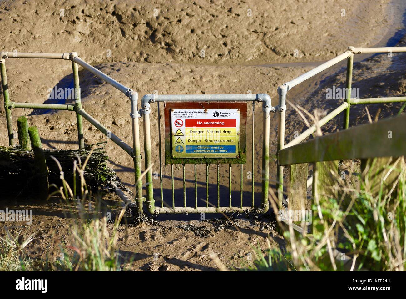 Danger, no swimming, vertical drop warning notice on the River Deben ...