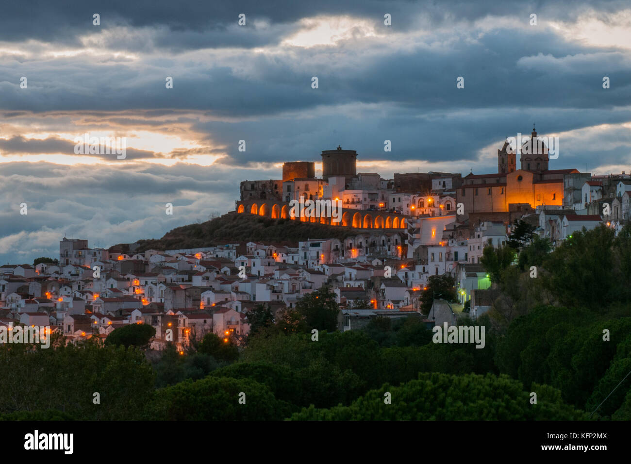 A night view of the village of Pisticci, Italy. Pisticci is a town in ...
