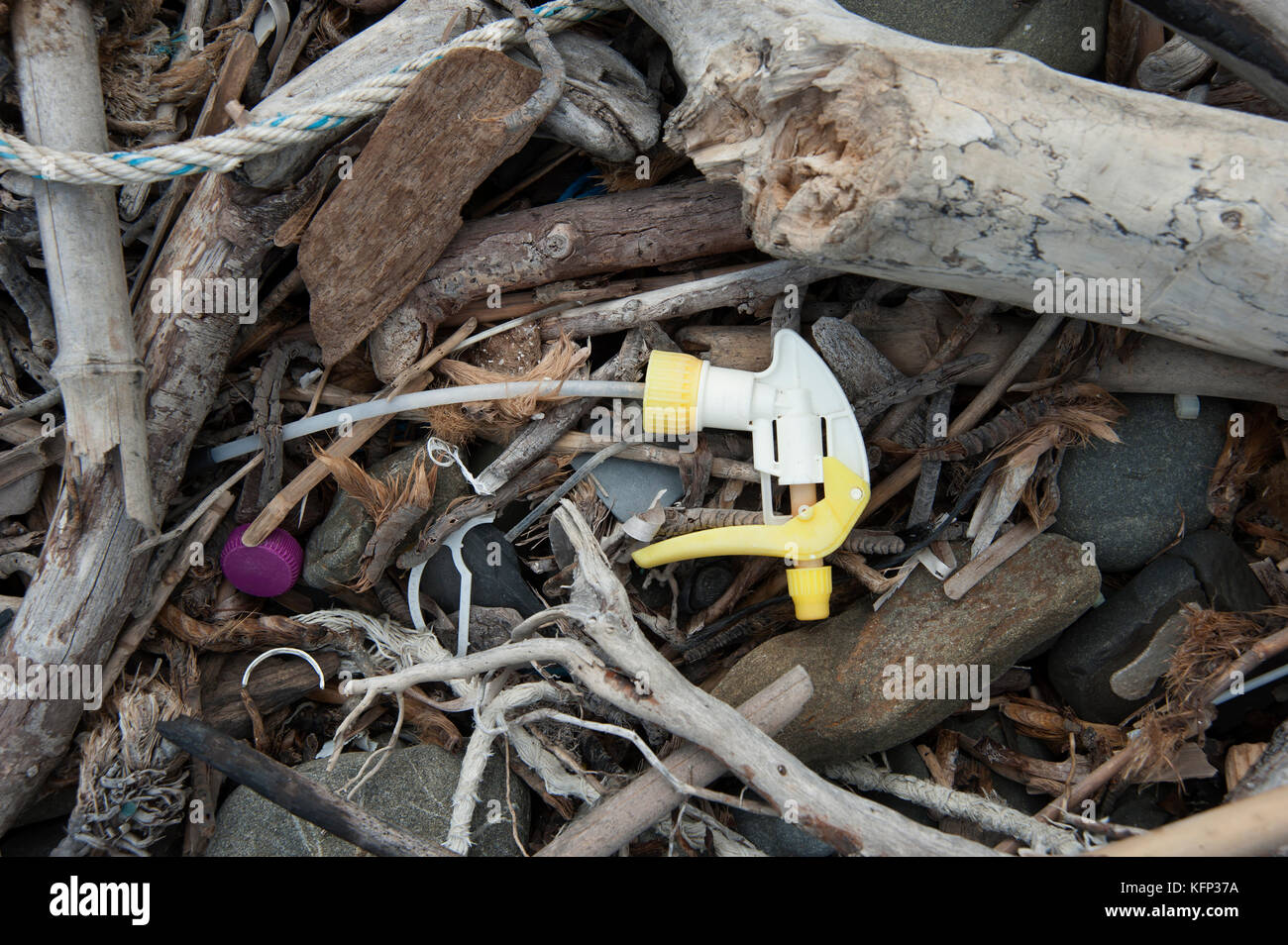 Washed up plastic flotsam and jetsam litter a beach on the island of ...