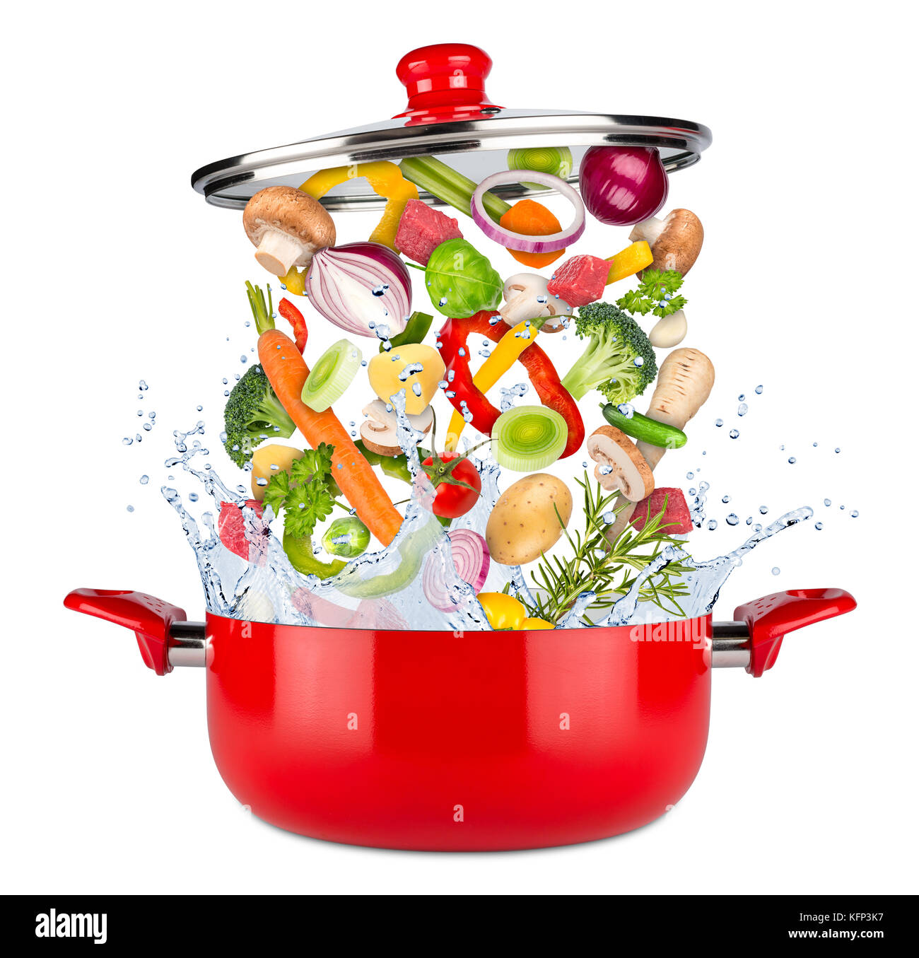 fresh ingredients falling flying into red cooking pot with water splash ...
