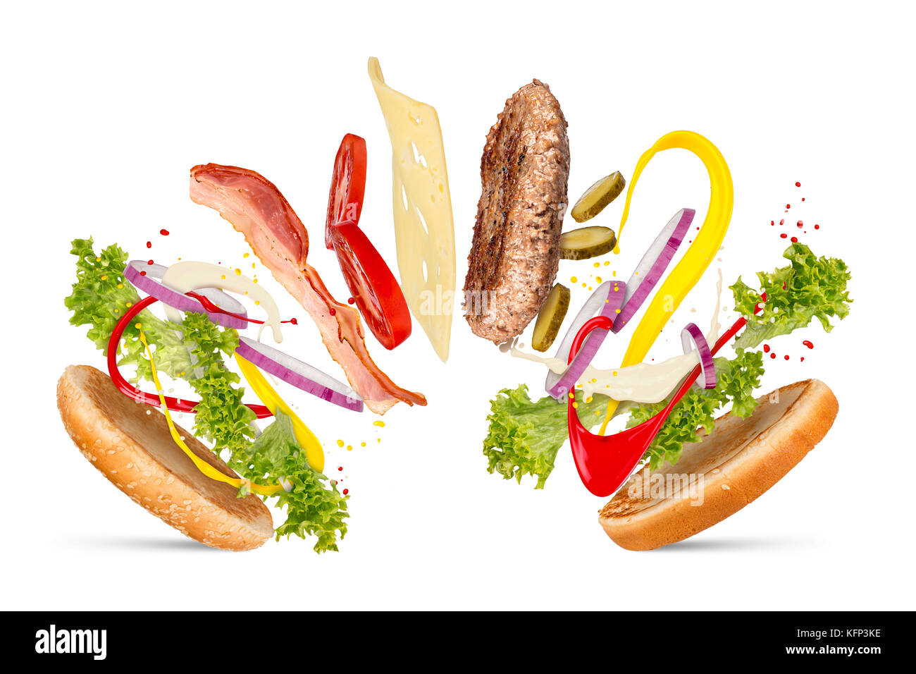 hamburger cheeseburger explosion concept flying ingredients isolated on ...