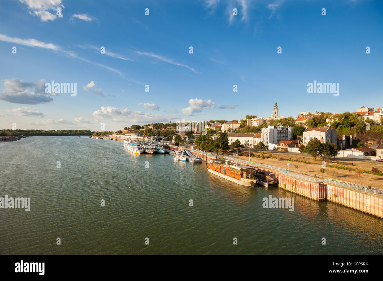 River boats and barges (splavs) along the Sava River, Belgrade, Serbia ...
