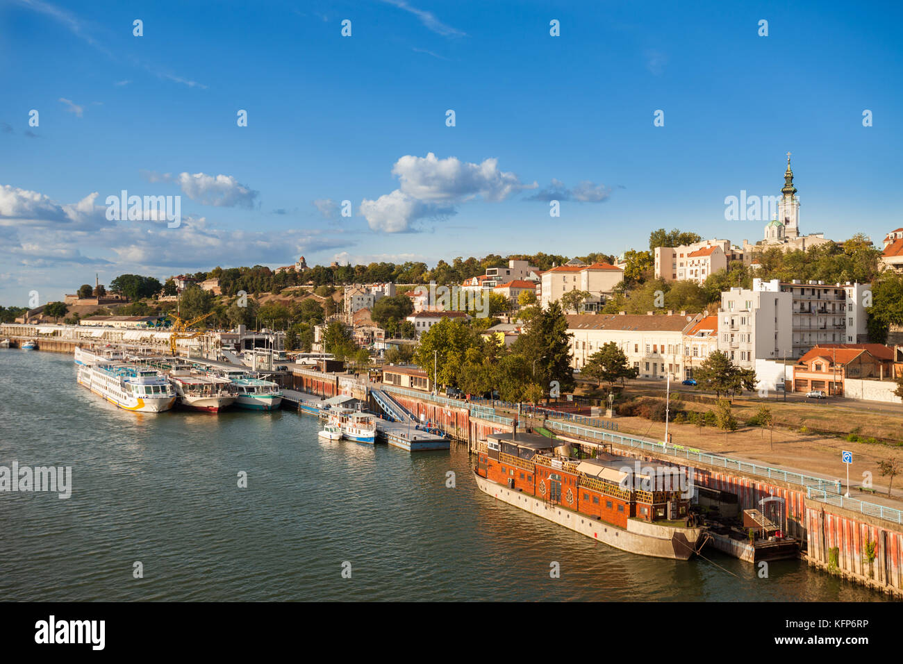 River boats and barges (splavs) along the Sava River, Belgrade, Serbia ...