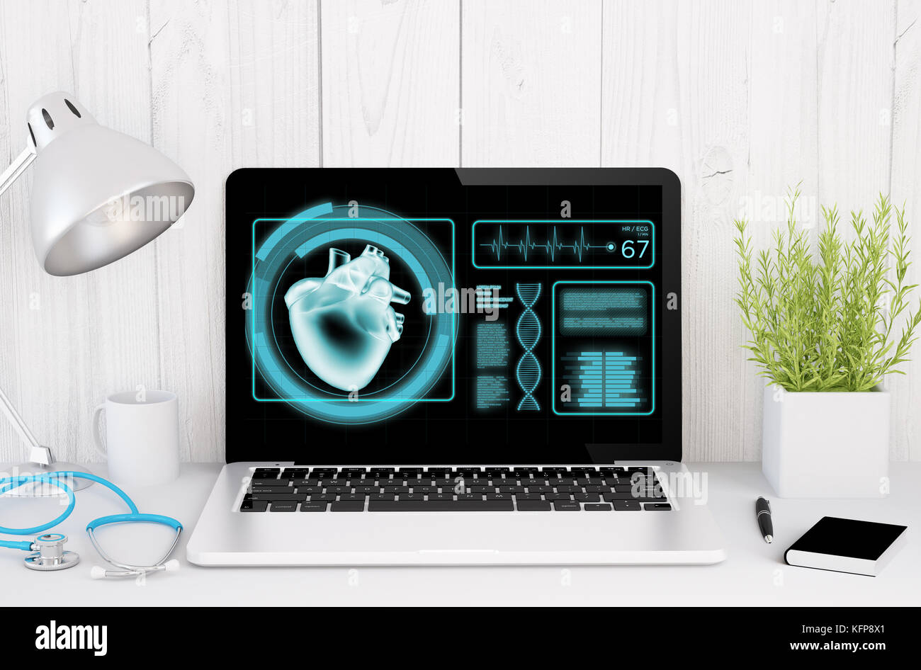 3d rendering of medical desktop with health software on screen Stock ...