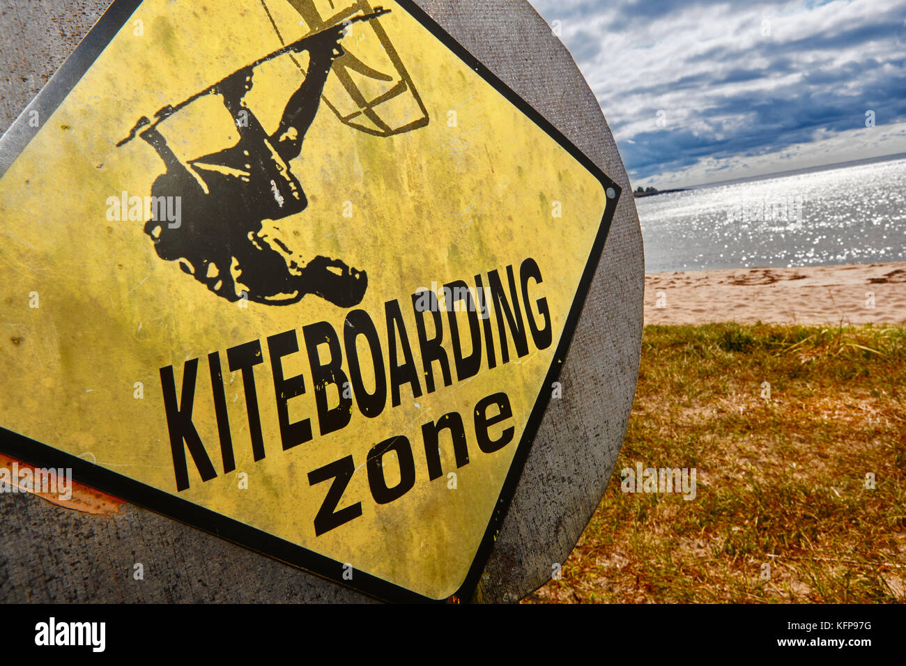 Kiteboarding area signal on a sandy beach. Extreme sport. Horizontal ...