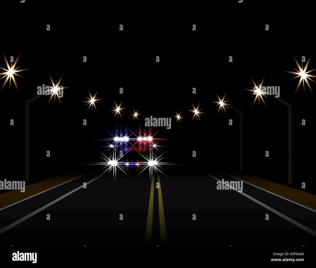 Abstract light effects. Police car at night with lights in front. Road ...
