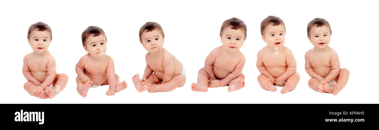 Seven equal babies sitting on the floor isolated on a white background ...