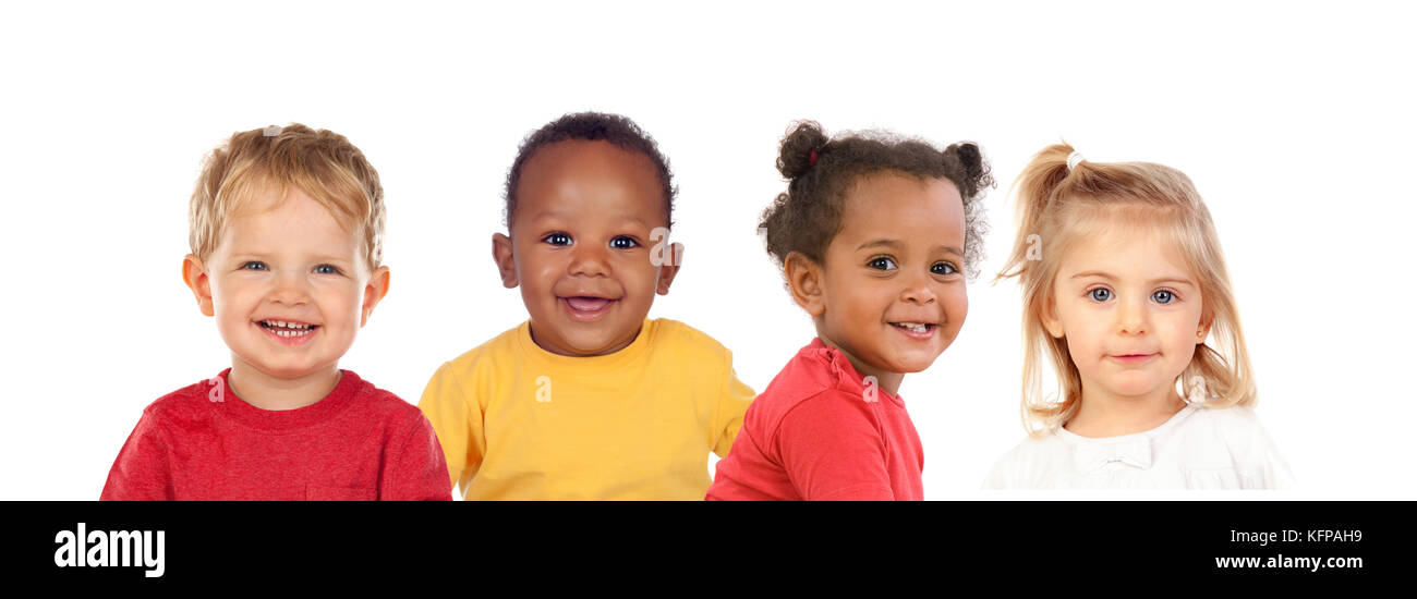 Many portraits of different children isolated on a white background ...