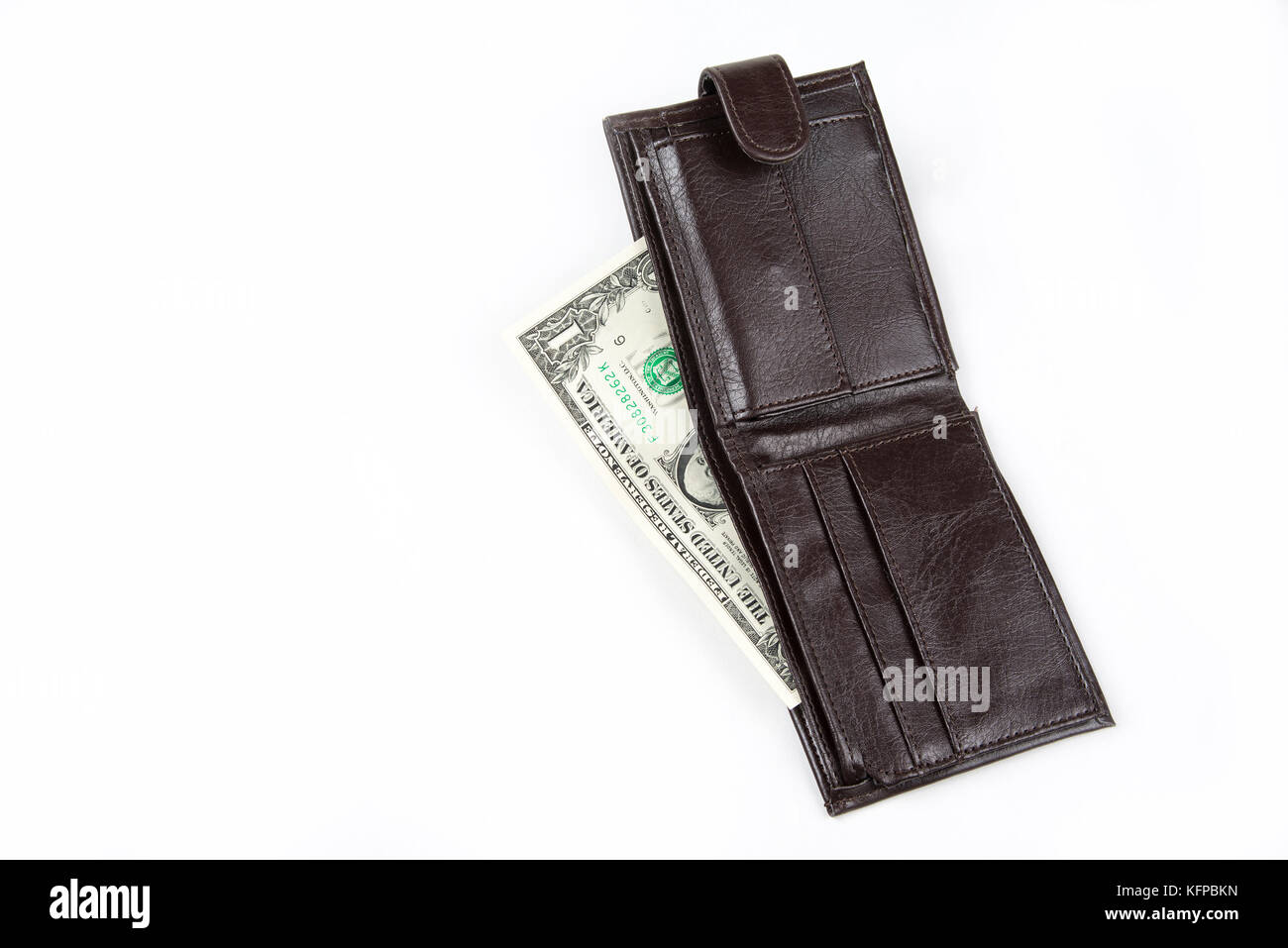 Empty wallet with one dollar on the white background Stock Photo - Alamy