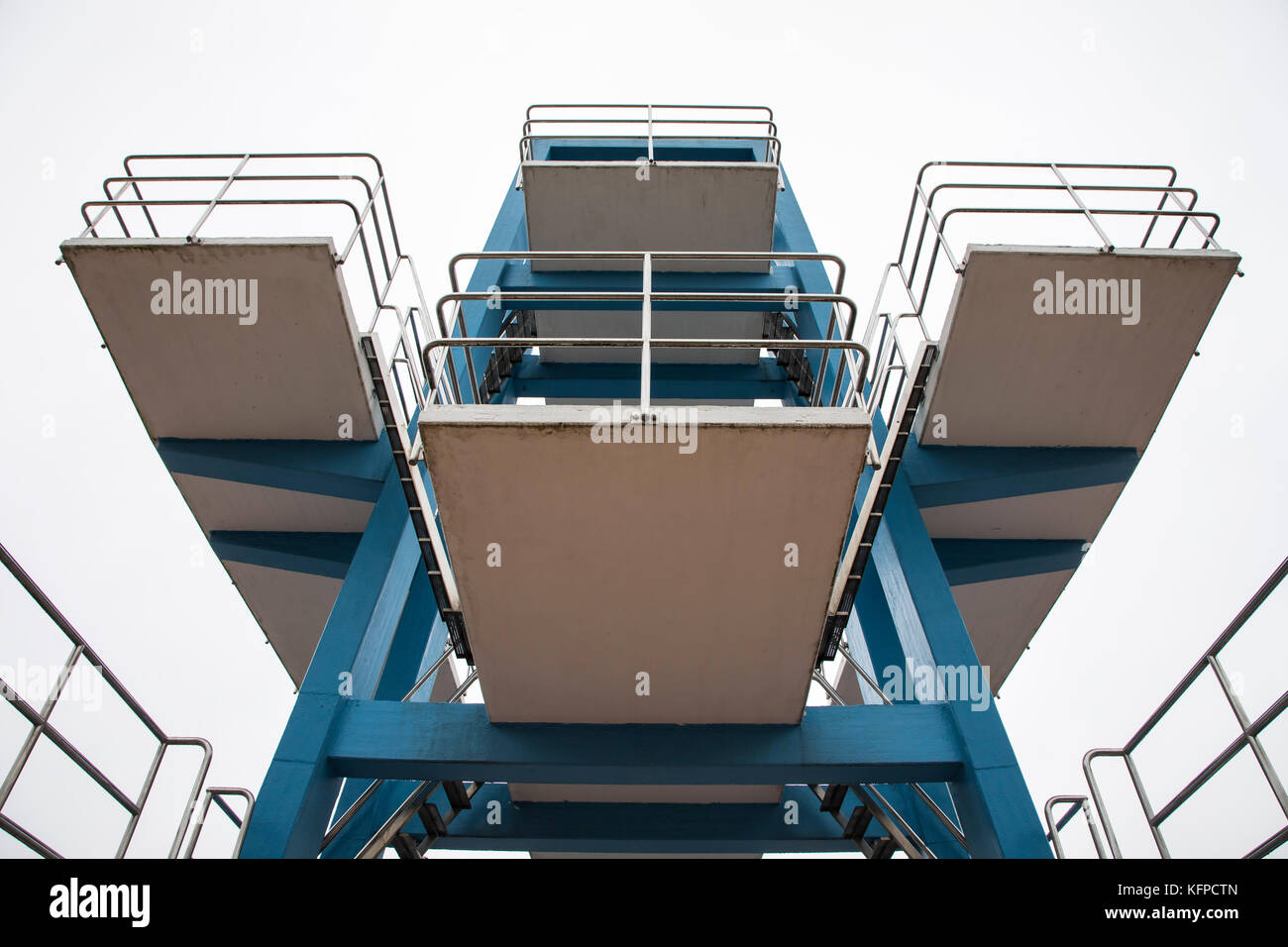 Public swimming pool, closed for the season, in fall, diving platform ...