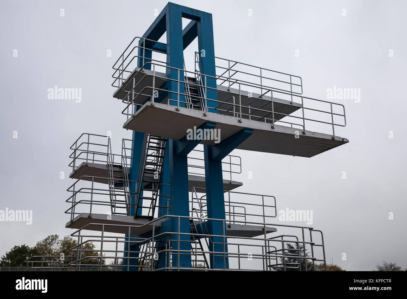 Public swimming pool, closed for the season, in fall, diving platform ...