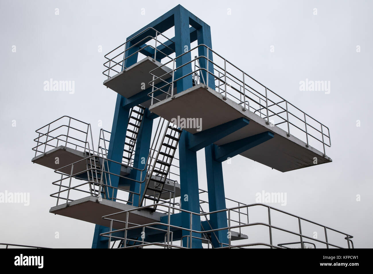 Public swimming pool, closed for the season, in fall, diving platform ...