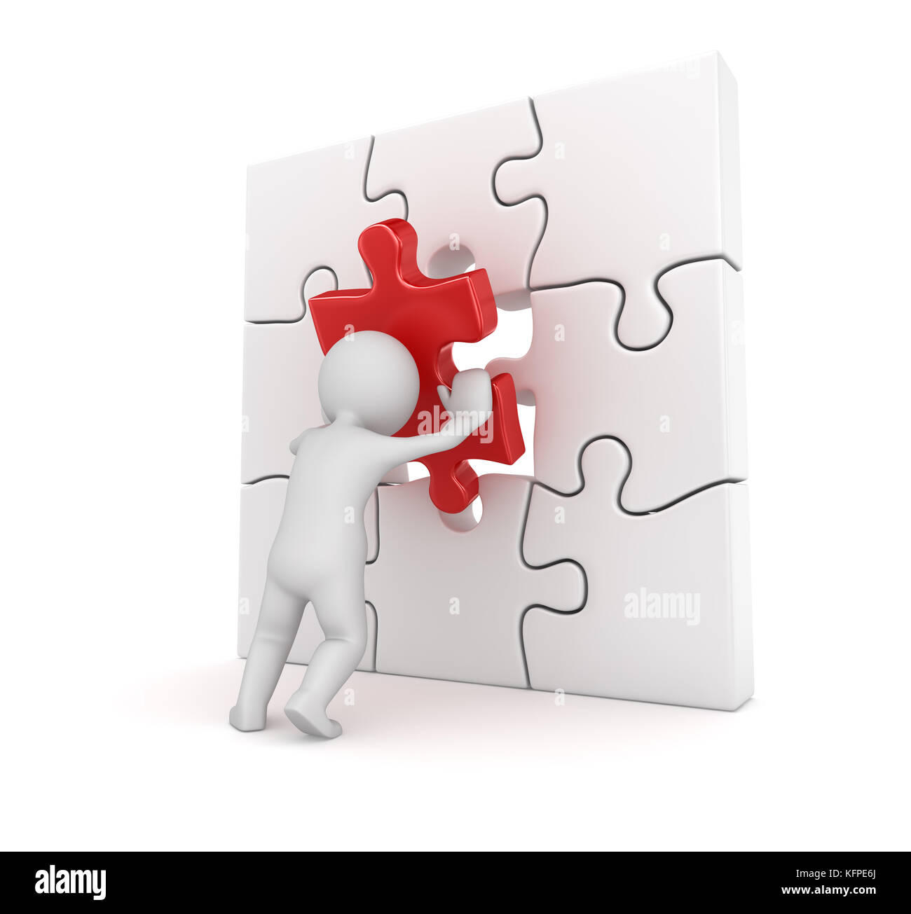 3d white man putting red puzzle piece. 3d render and computer generated ...
