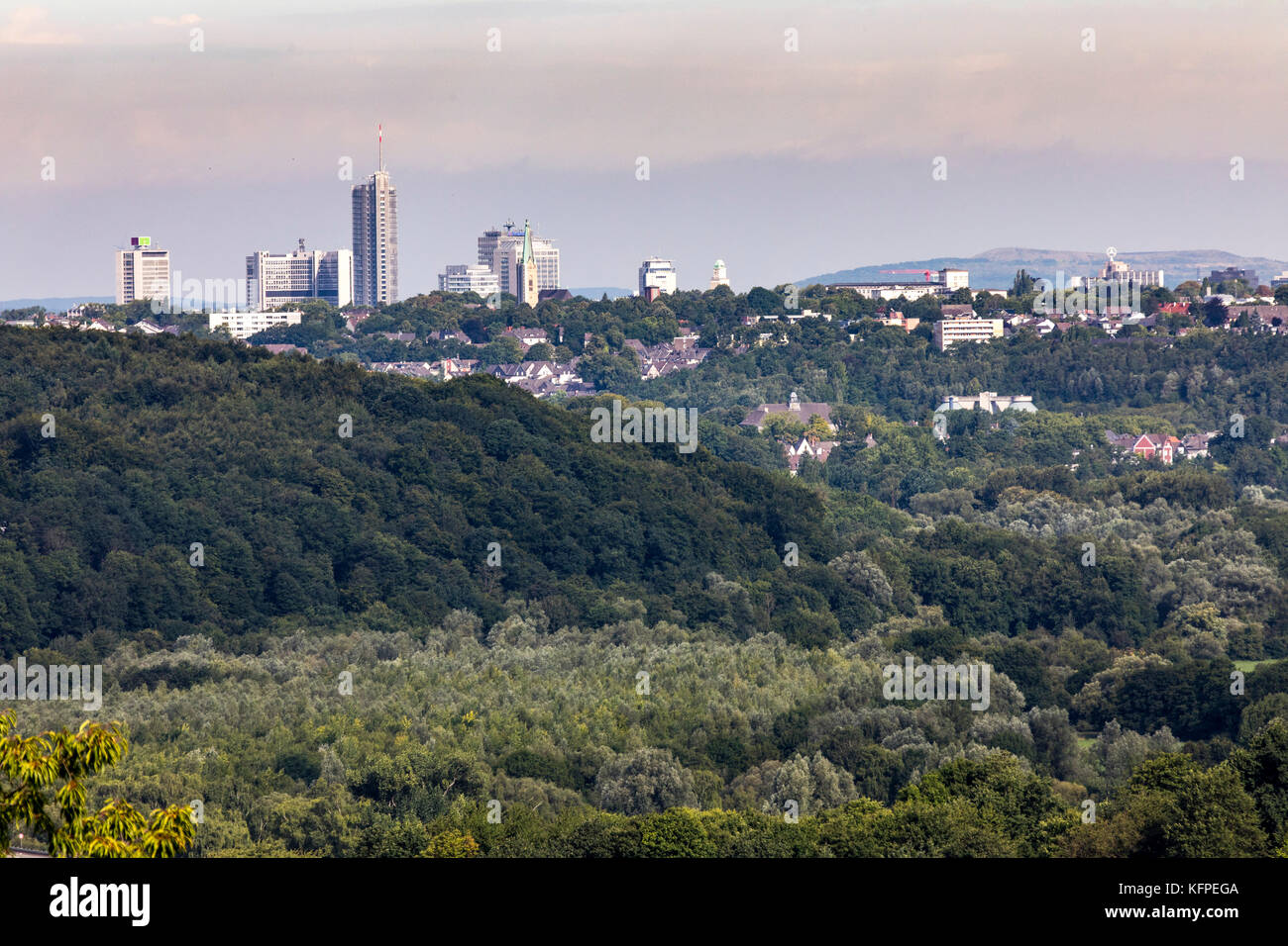 The skyline of downtown Essen, Germany, seen from the southeast, over ...