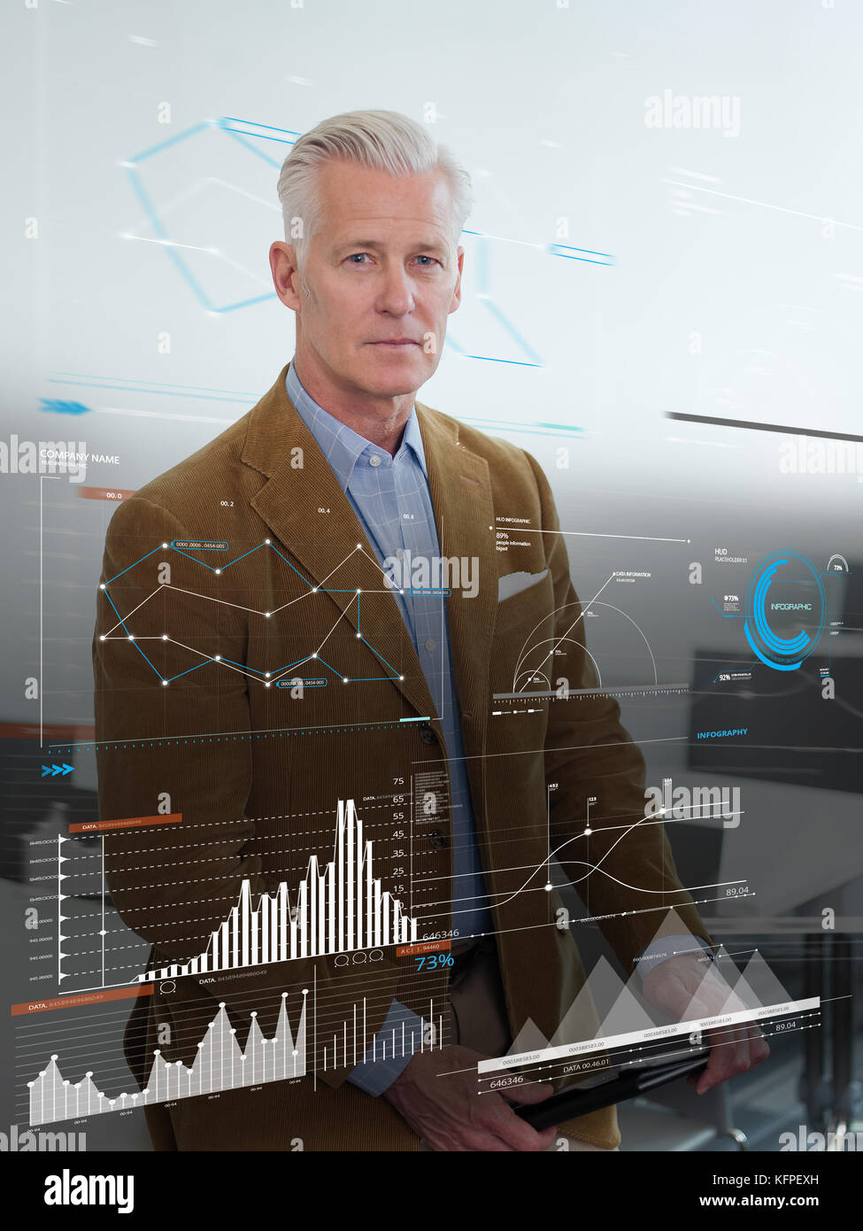 Portrait of senior businessman with infographics Stock Photo - Alamy