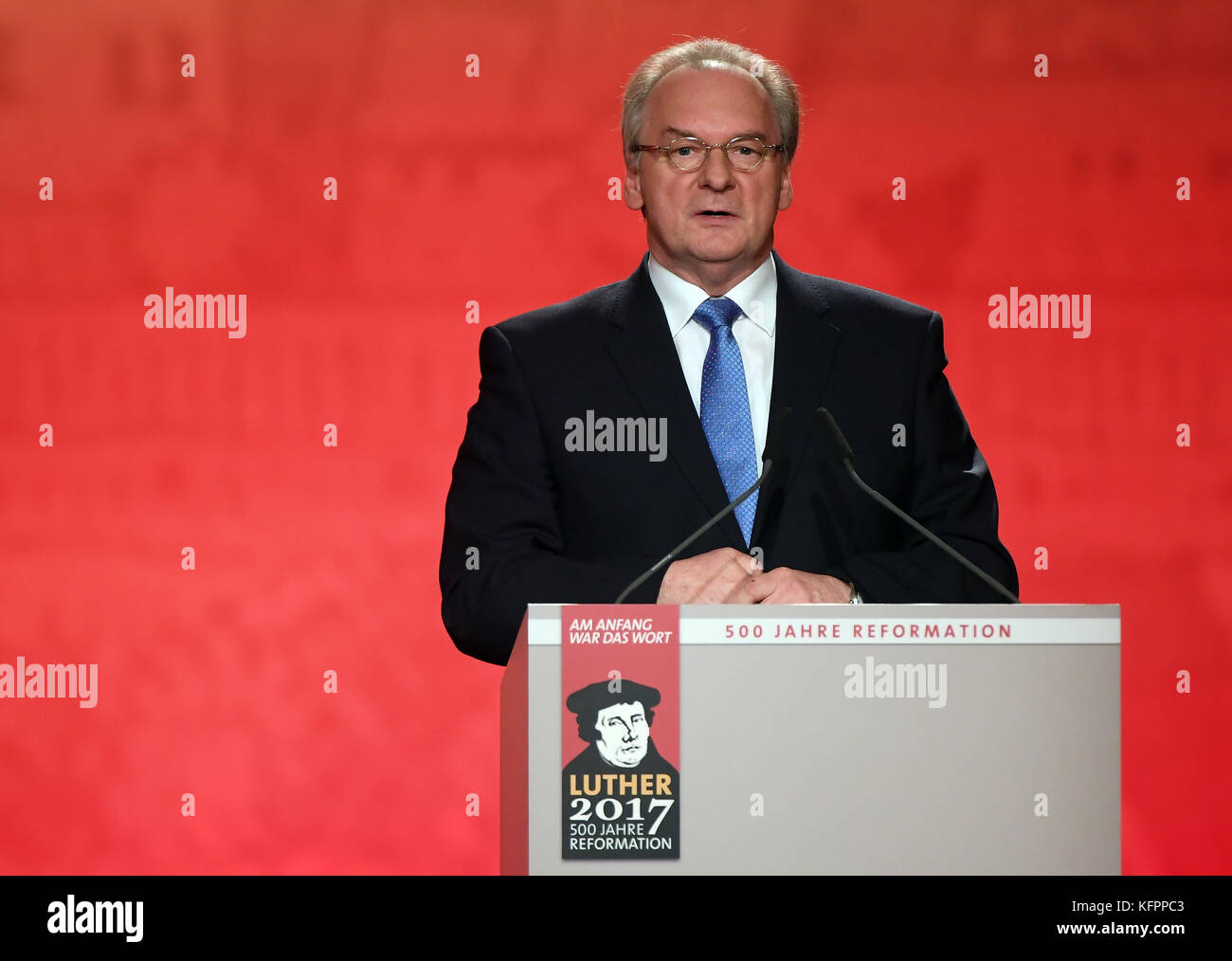Premier of Saxony-Anhalt Reiner Haseloff (CDU) speaking at an event to ...