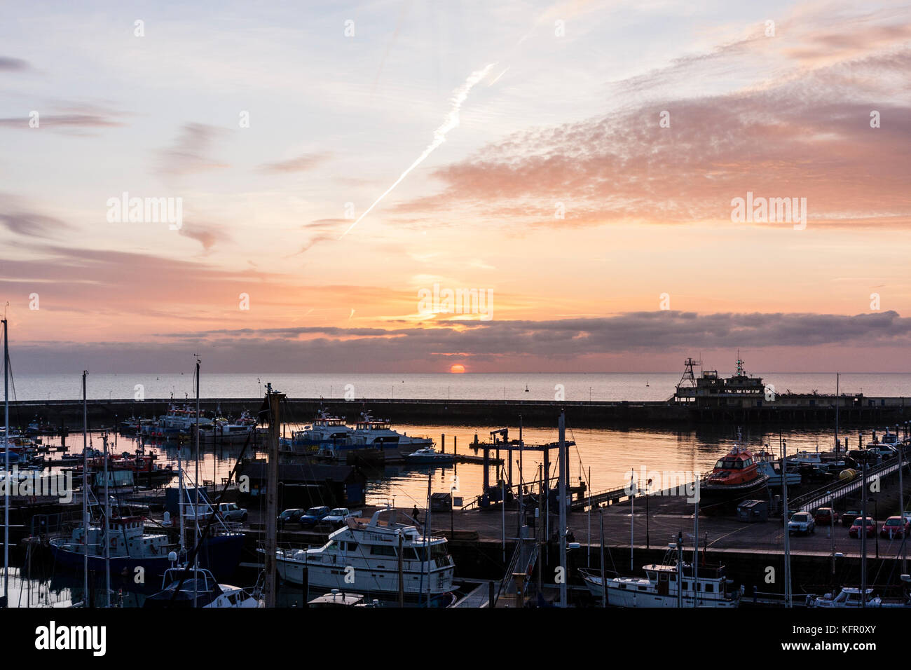England, Ramsgate. Sunrise over the English Channel and Ramsgate Royal ...