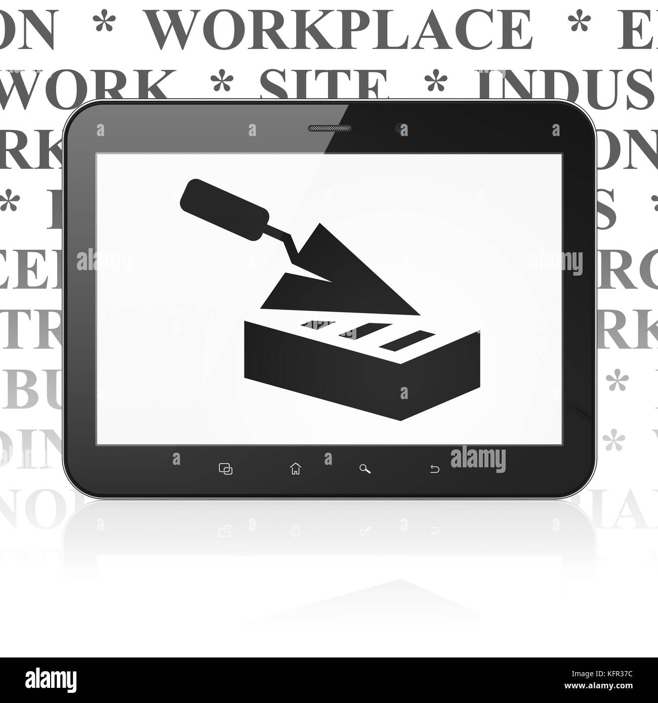 Building construction concept: Tablet Computer with Brick Wall on ...