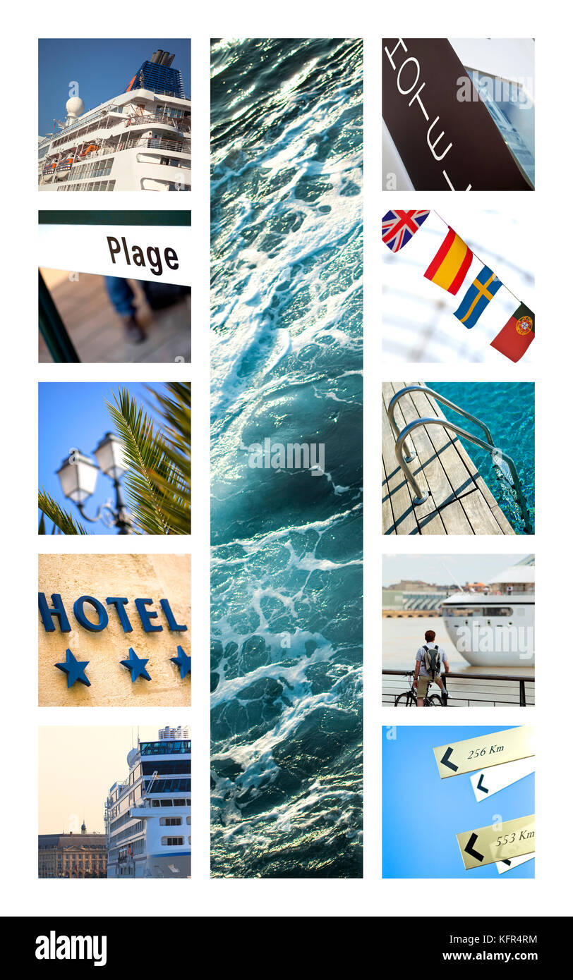 Hotel and transportation on a collage about tourism and travel Stock ...