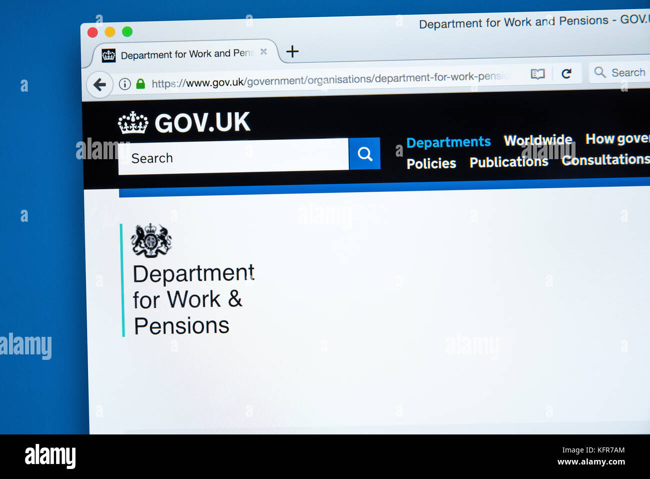 LONDON, UK - OCTOBER 30TH 2017: The homepage of the Department for Work ...