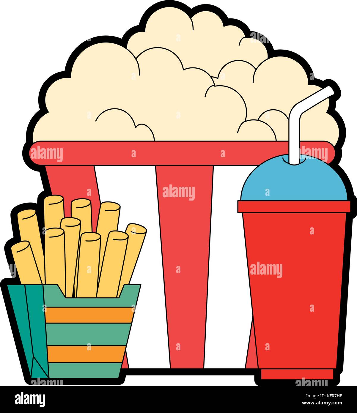 delicious pop corn with soda and french fries vector illustration ...