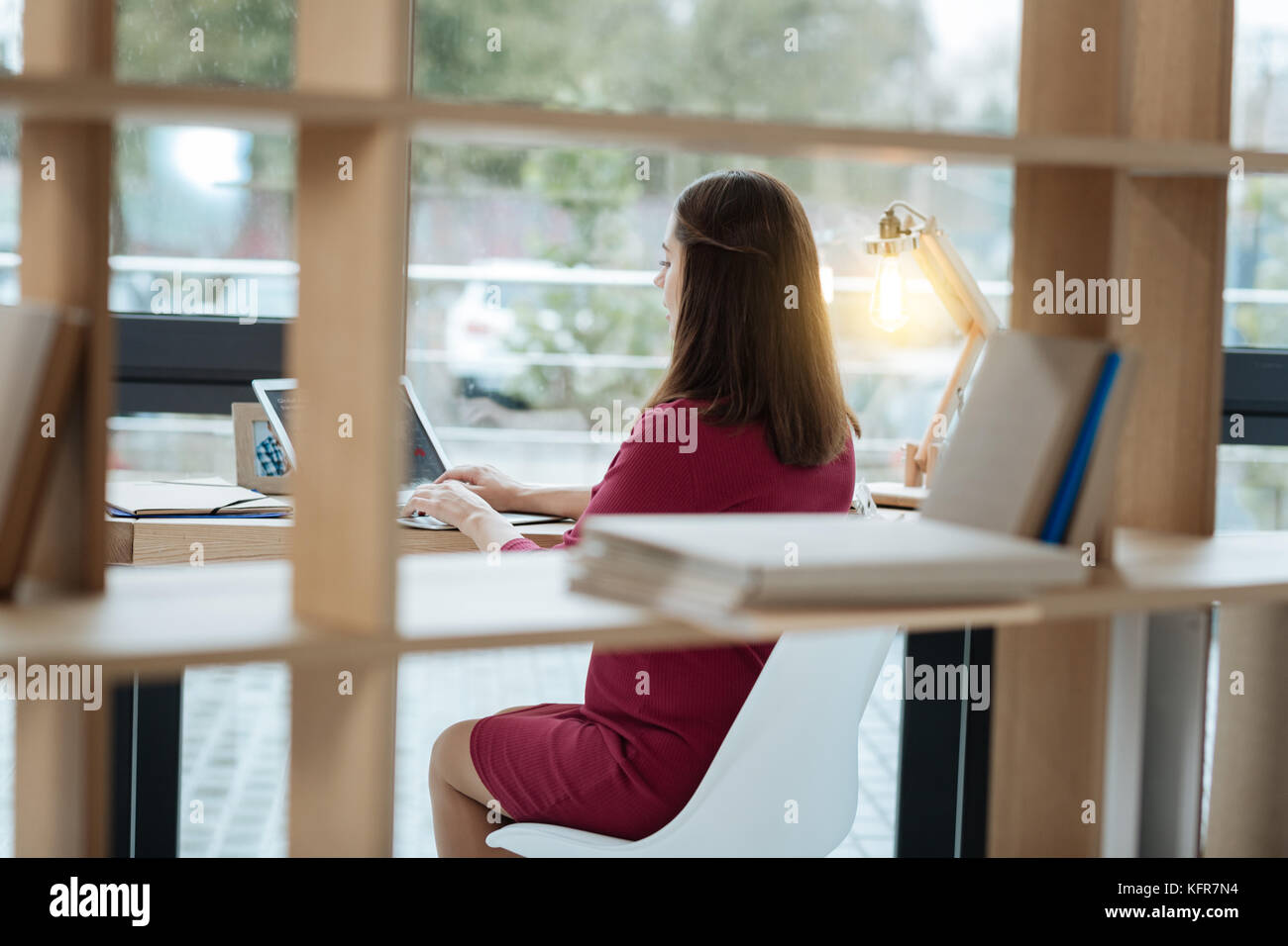 Rear view of young woman working with a laptop Stock Photo - Alamy