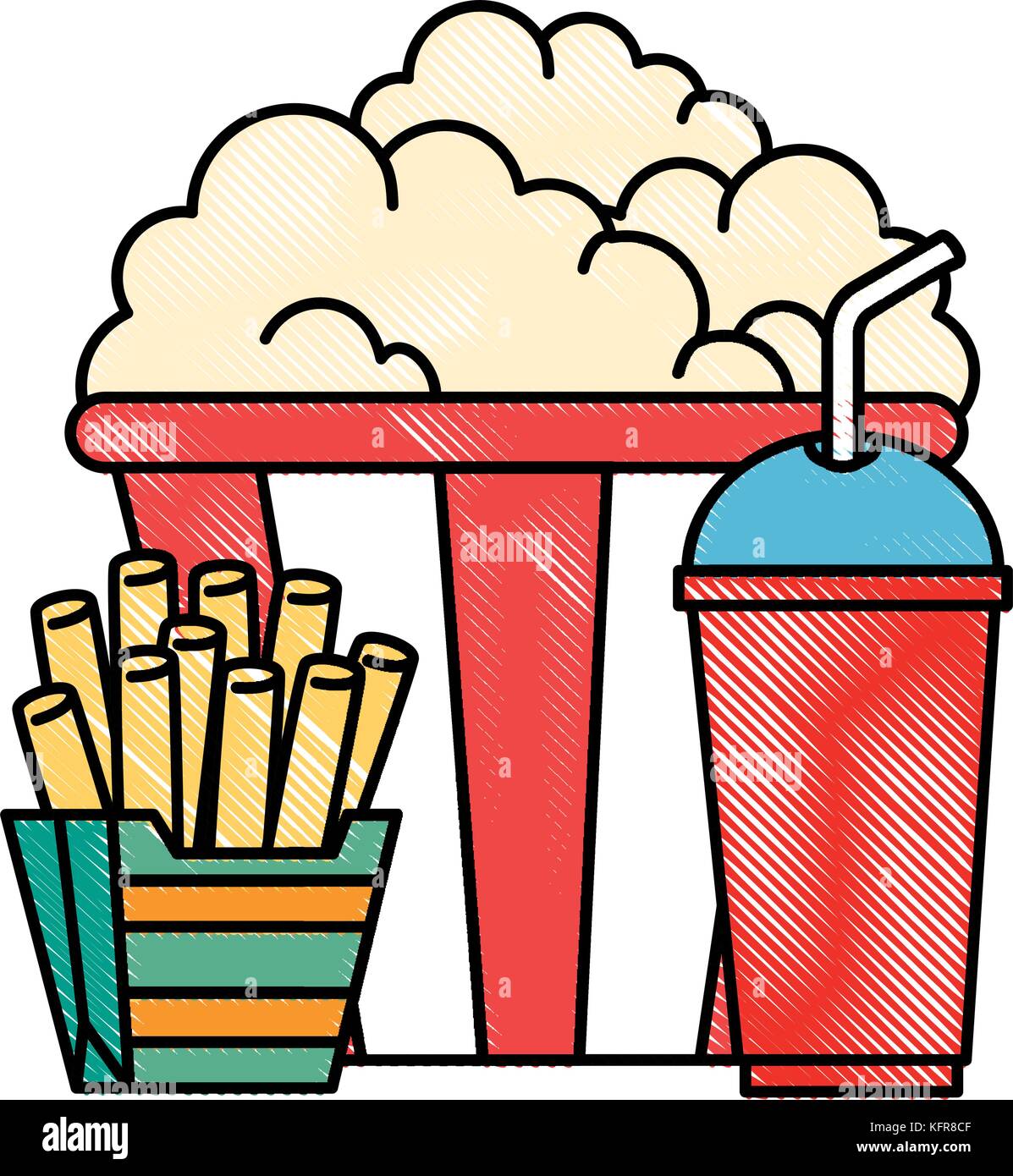 delicious pop corn with soda and french fries vector illustration ...