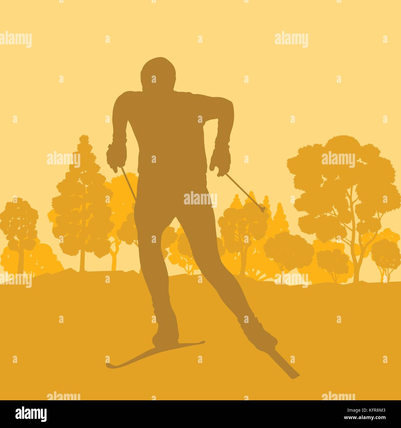Skiing man in forest vector background landscape with sunset Stock ...