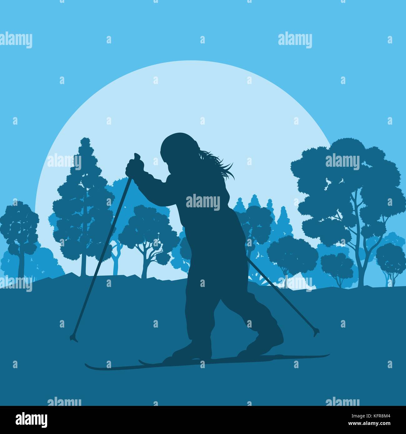 Skiing children in forest vector background landscape with sunset ...