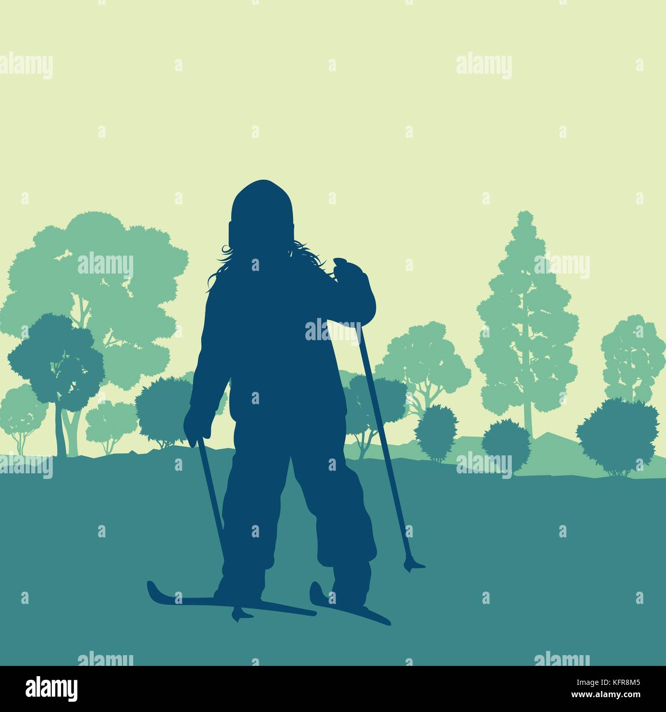 Skiing children in forest vector background landscape with sunset ...