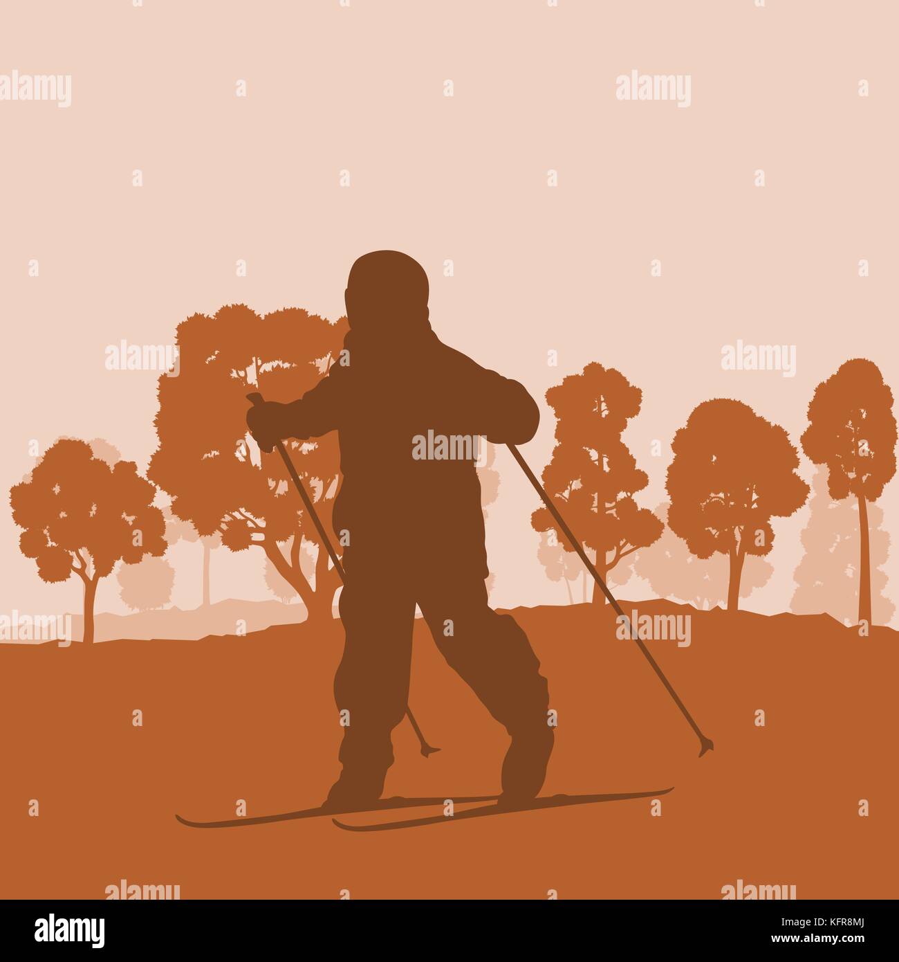 Skiing children in forest vector background landscape with sunset ...