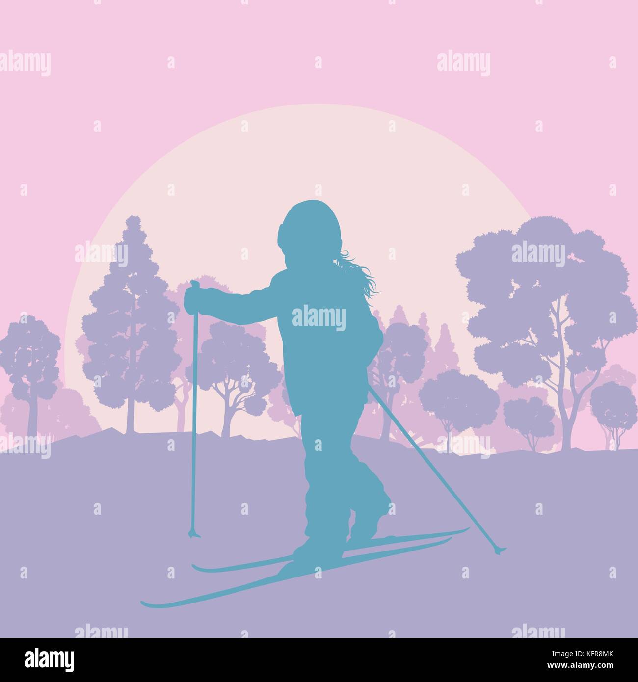 Skiing children in forest vector background landscape with sunset ...