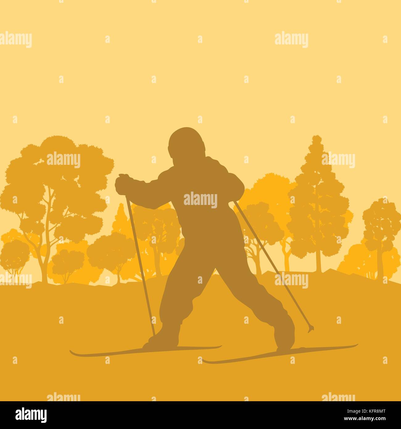 Skiing children in forest vector background landscape with sunset ...