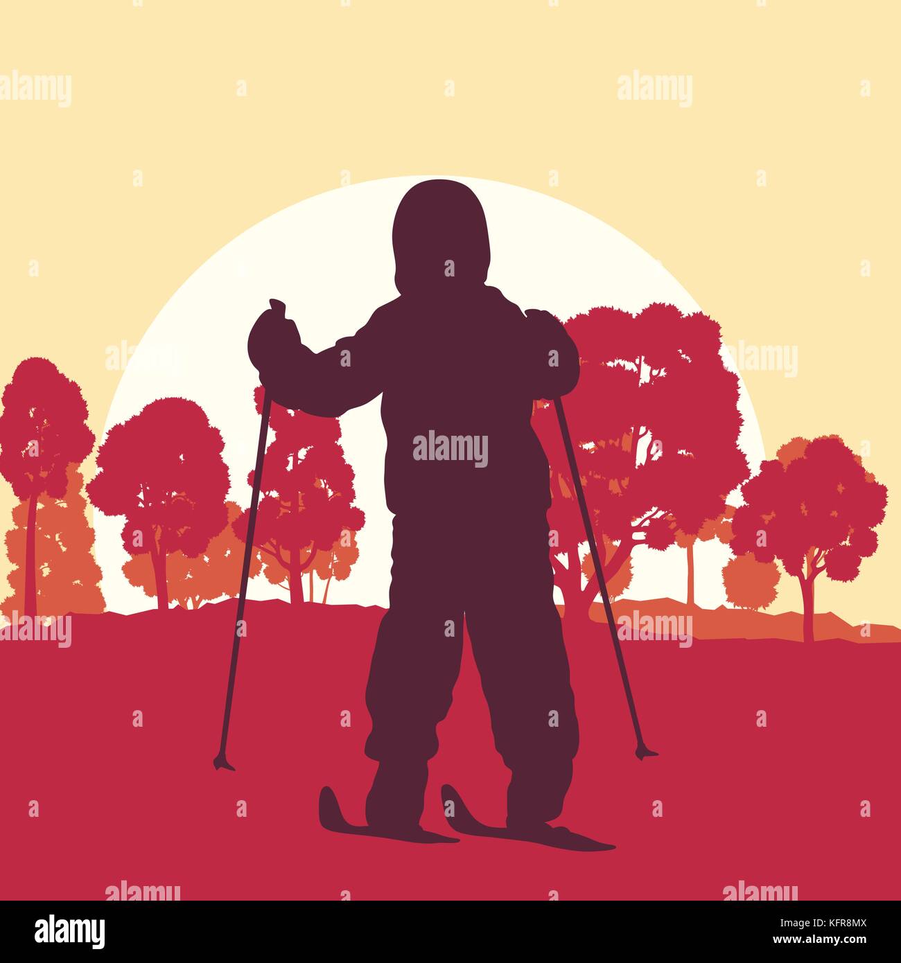 Skiing children in forest vector background landscape with sunset ...