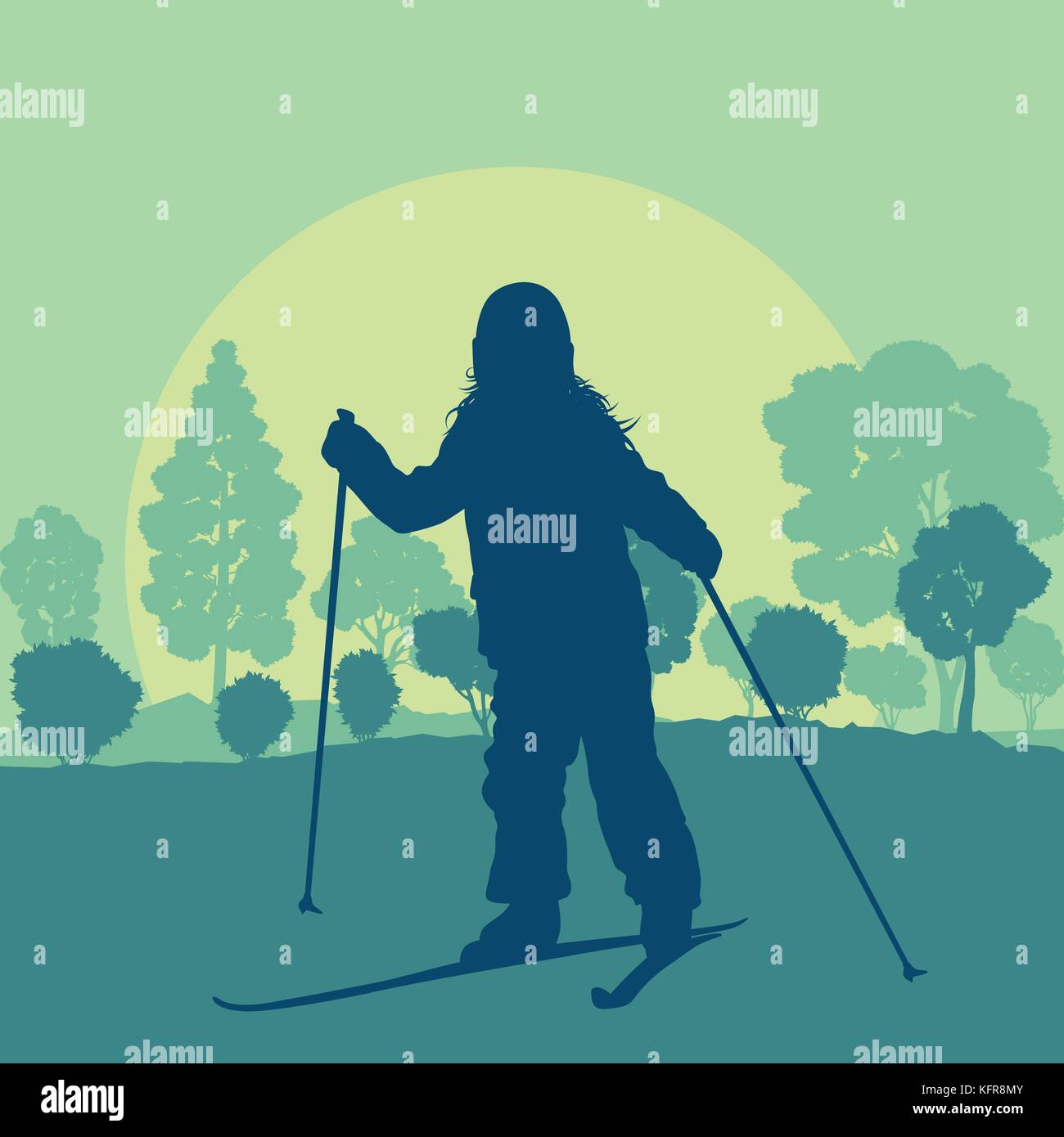Skiing children in forest vector background landscape with sunset ...