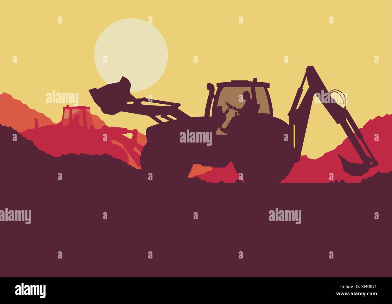 Excavator loader tractor digging ground earth industrial construction ...