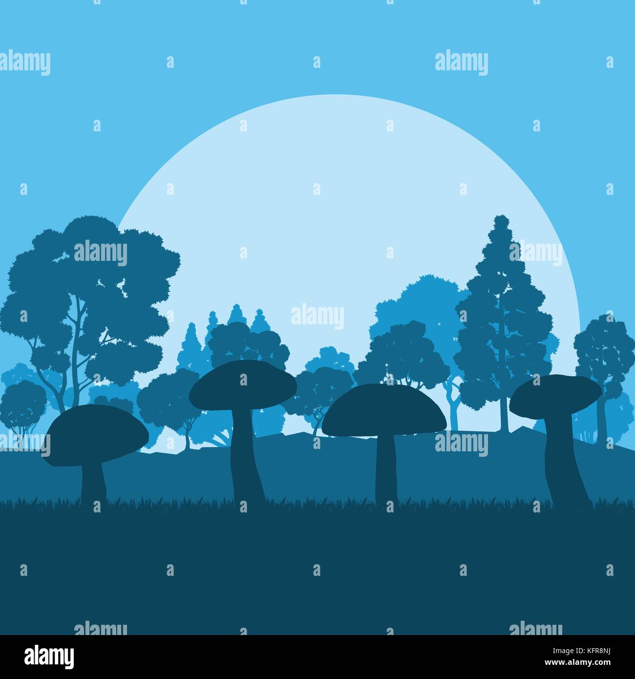 Mushroom forest field landscape vector background with sunset and trees ...