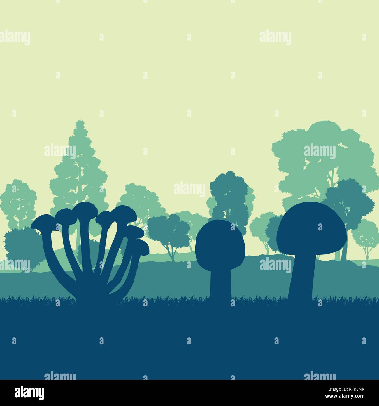 Mushroom forest field landscape vector background with sunset and trees ...