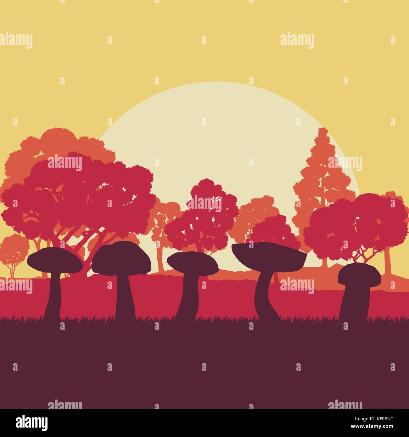 Mushroom forest field landscape vector background with sunset and trees ...