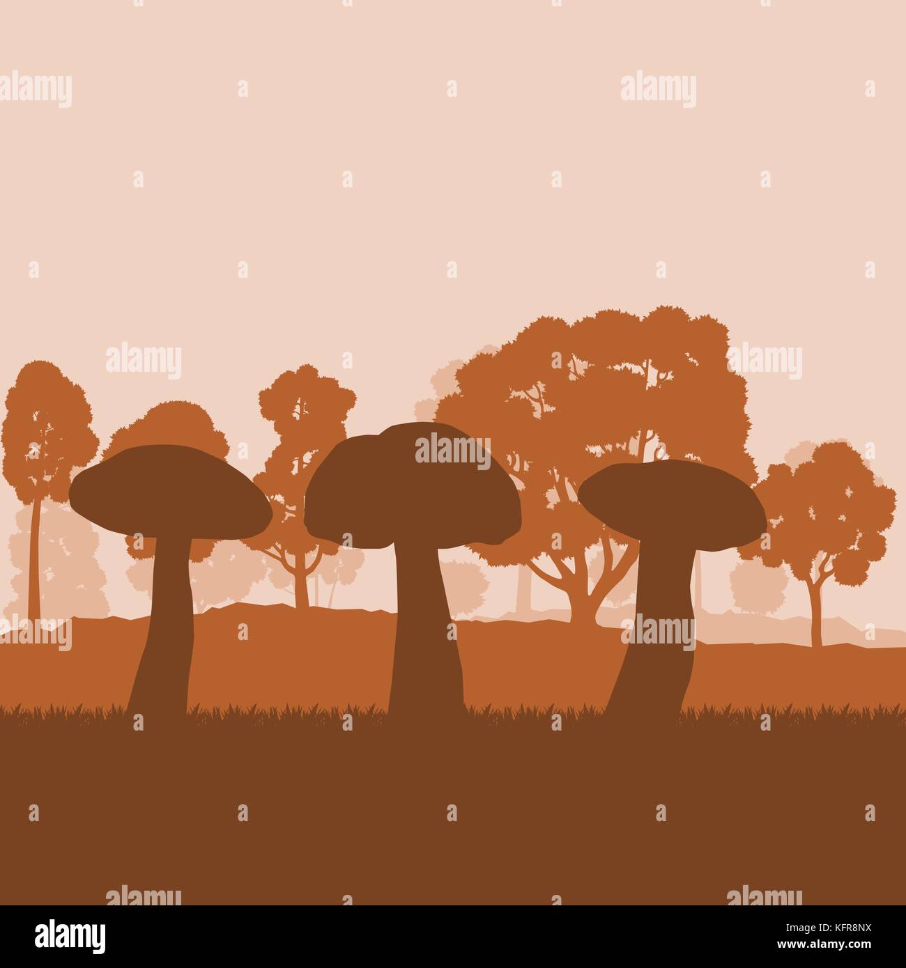 Mushroom forest field landscape vector background with sunset and trees ...