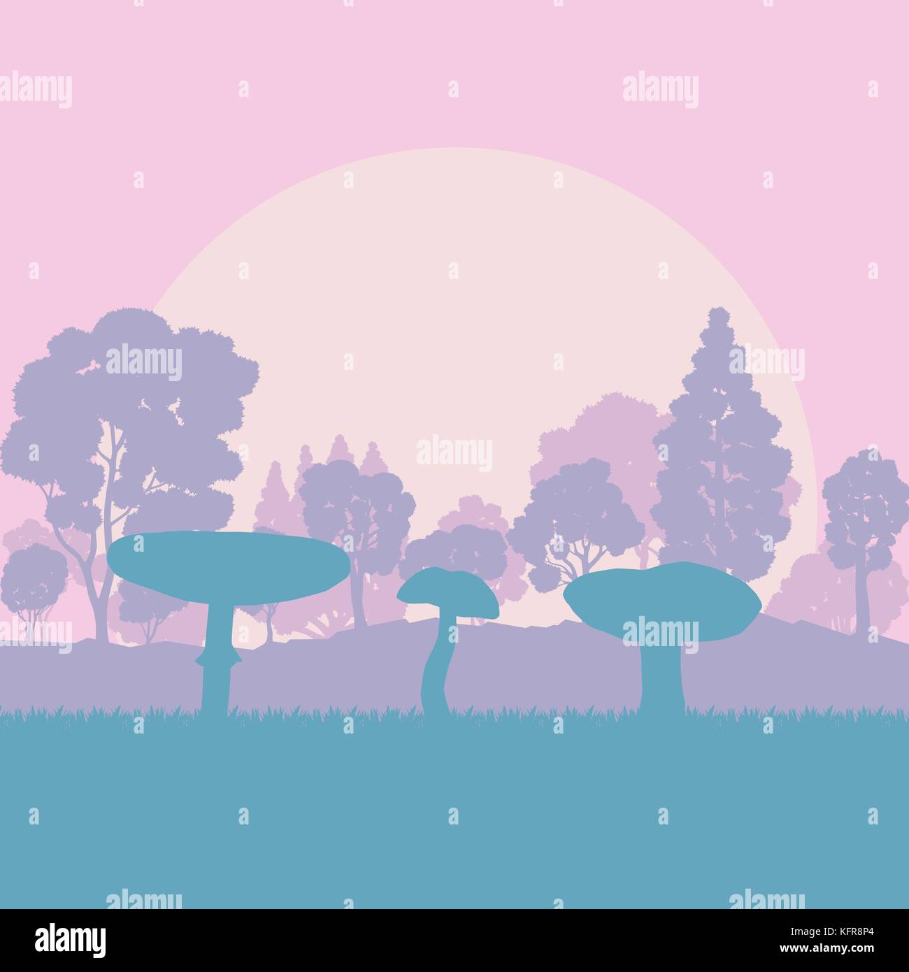 Mushroom forest field landscape vector background with sunset and trees ...