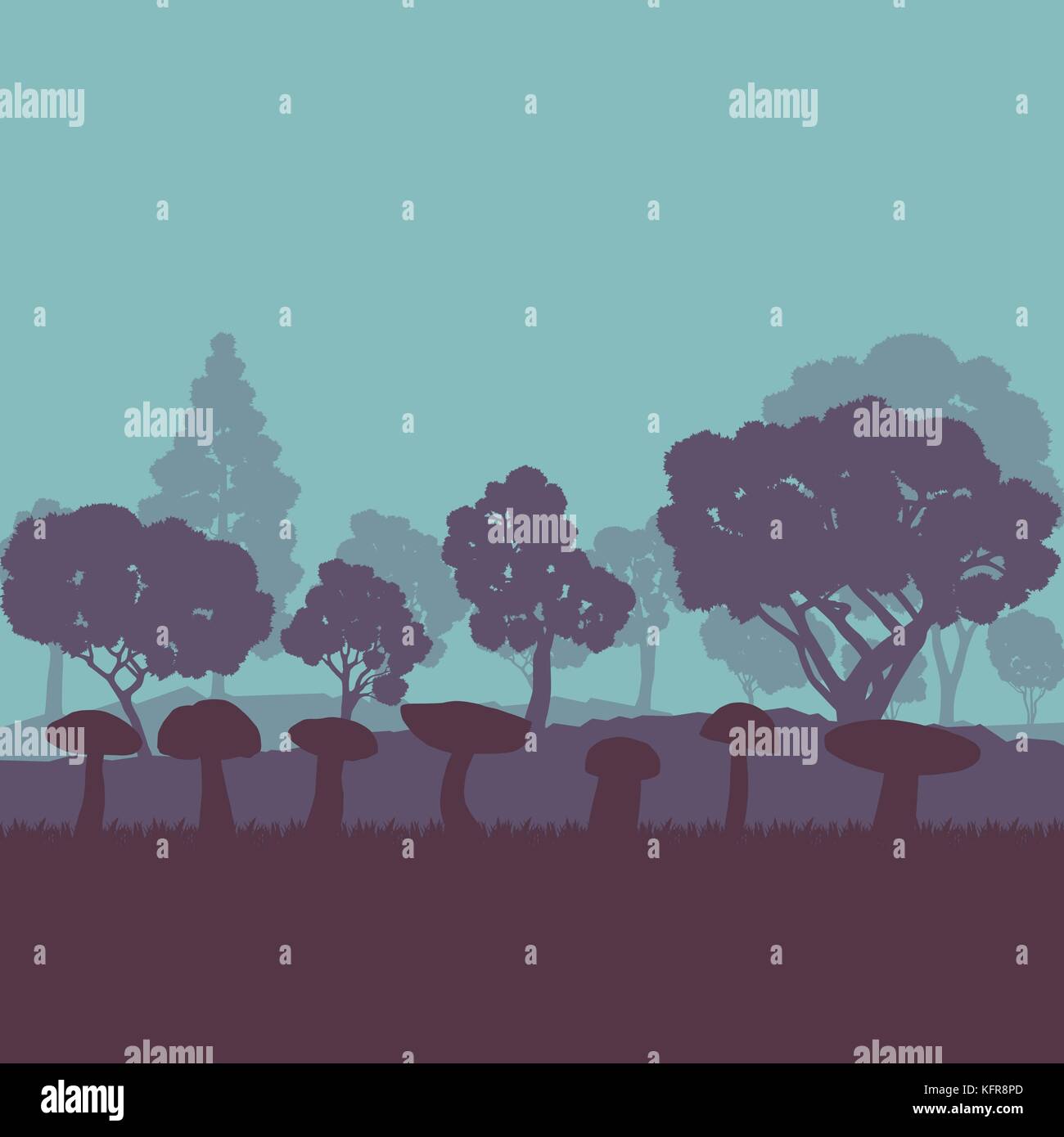 Mushroom forest field landscape vector background with sunset and trees ...