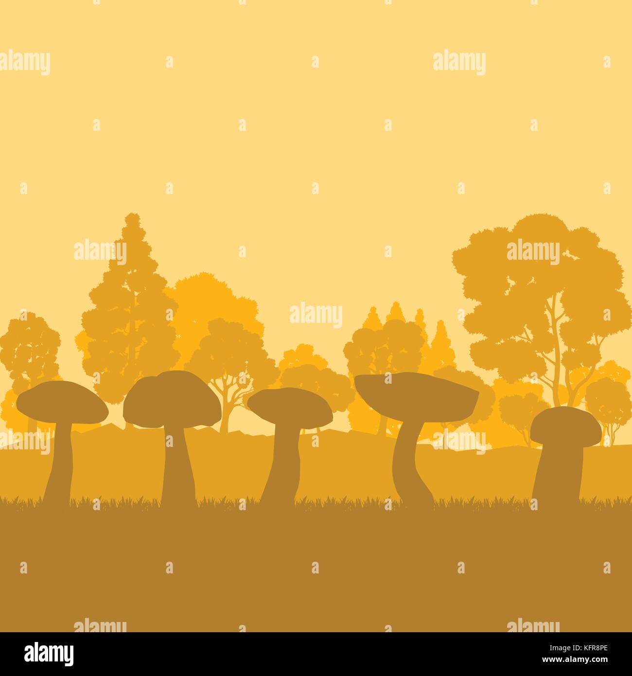 Mushroom forest field landscape vector background with sunset and trees ...