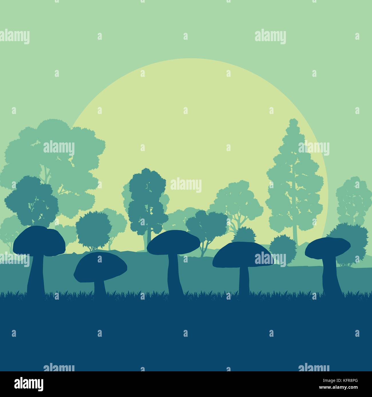Mushroom forest field landscape vector background with sunset and trees ...