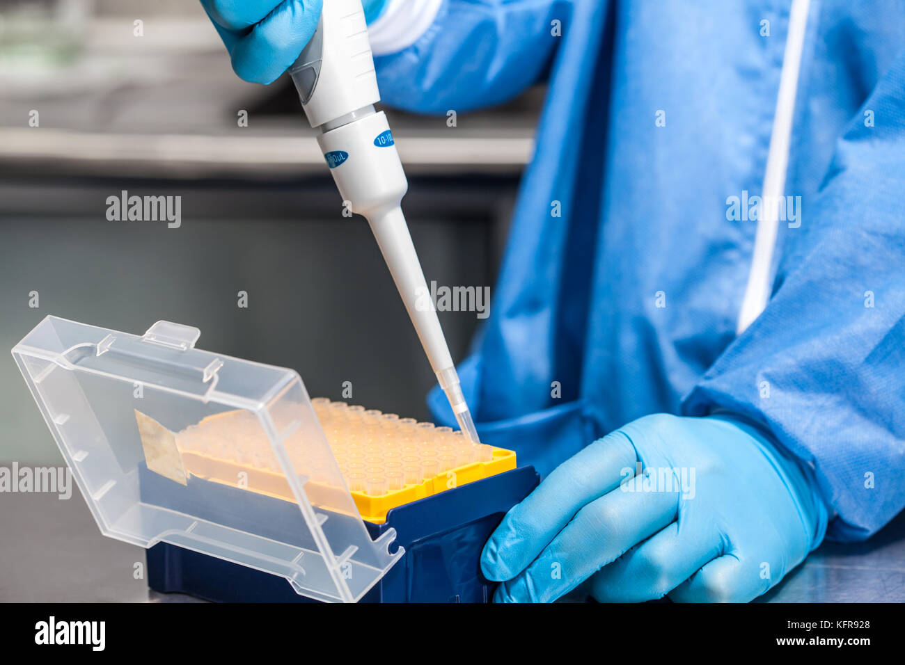 Scientist attaching a disposable tip to a micropipette Stock Photo - Alamy